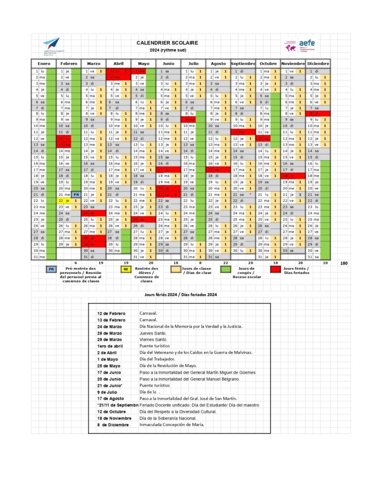 CALENDRIER SCOLAIRE - Lycée Franco-Argentin Jean Mermoz